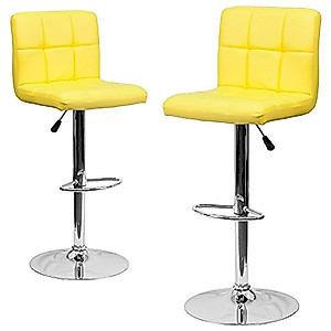 KLS14 Modern Design Barstools Hight Adjustable Seat Hydraulic 360-Degree Swivel Sturdy Steel Frame Padded Cushion Seat Dining Chair Bar Pub Stool Home Office Furniture - Set of 2 Yellow #1974