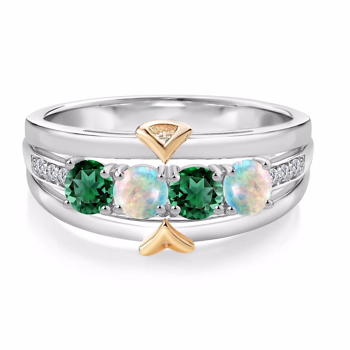 Gem Stone King 925 Sterling Silver and 10K Yellow Gold Green Nano Emerald White Simulated Opal & White Lab Grown Diamond 4-Stone Band Ring For Women | 1.15 Cttw | Size 5,6,7,8,9