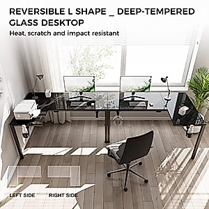 EUREKA ERGONOMIC Music Sensing RGB LED Lights Glass Gaming Desk, 60 Inch L Shaped Reversible Top, Home Office Corner Computer Studio Table Gifts GTG L60 w Cup Headset Socket Holder, Smart APP Control