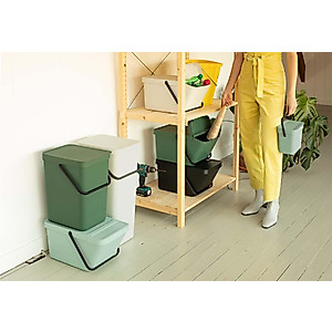 Brabantia Sort & Go Stackable 5.3 Gallon Recycling Wastebasket (Fir Green) Flat Top Trash Can with Carry Handle, Storage Bin, Paper Basket - 11 x 17.7 x 8.9 inches