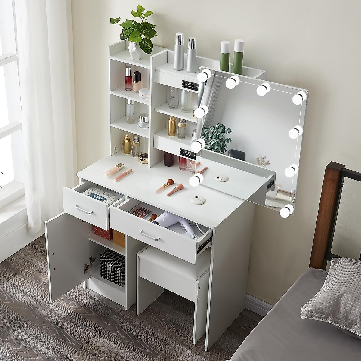 Absethink WhiteVanity Table,Make up Vanity Dressing Table with Mirror,Corner Vanity with Mirror with Lights,Vanity for Womens Vanities for Makeup