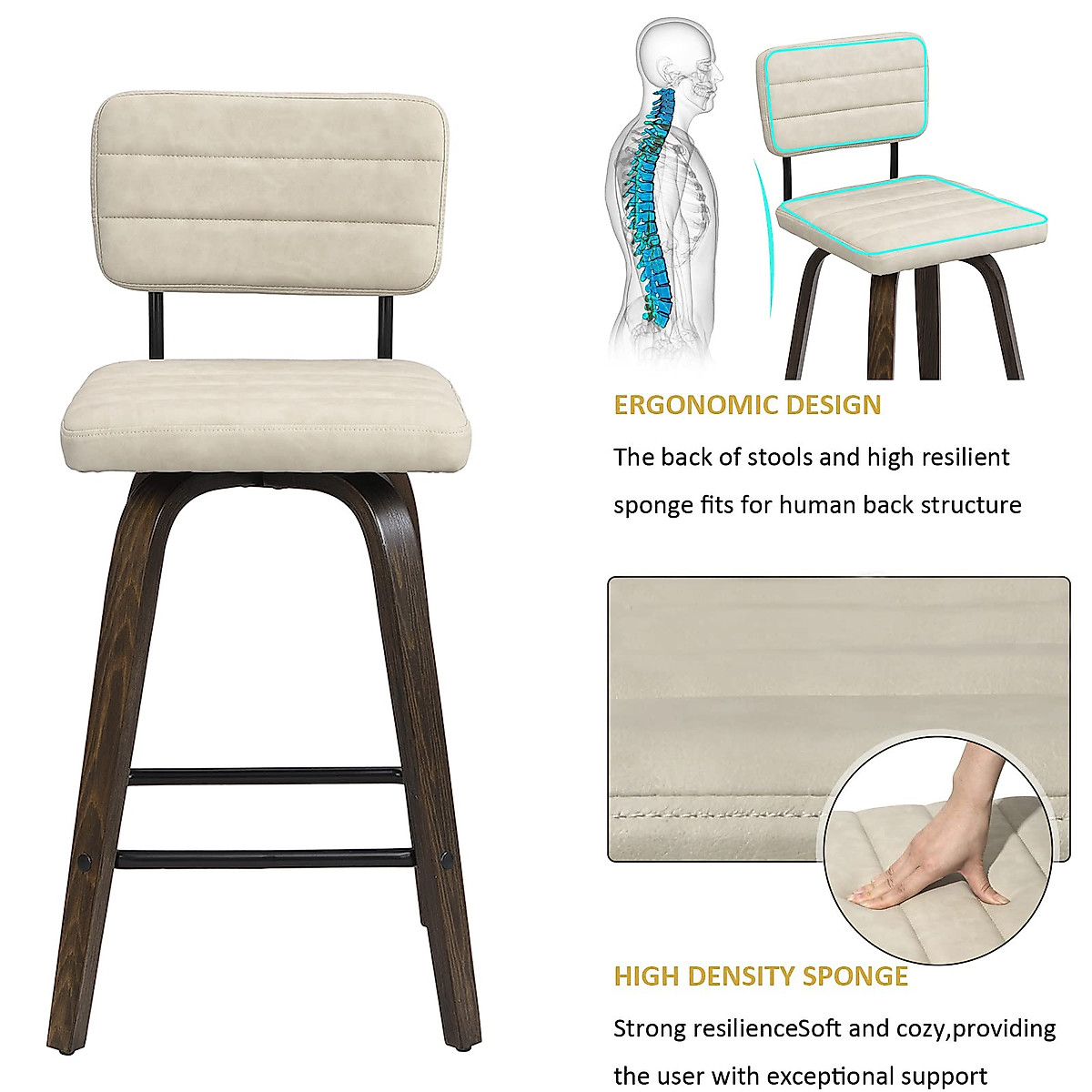 FERFALDER Swivel Bar Stools Set of 2, Counter Height, Wooden Frame, PU Leather Cushions, Beige