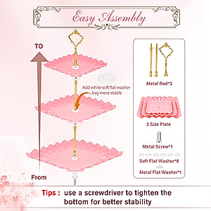 DI QIU REN 8 Pcs Dessert Table Display Set Plastic Square Pink Cupcake Stand 2Pcs 3 Tier Cupcake Stands with Gold Rod Cookie Tray Rack Serving Tower 6Pcs Dessert Trays for Tea Party Baby Shower