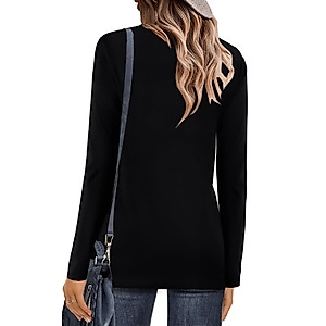 Elesomo Women Long Sleeve T Shirts Casual Fitted Crewneck Cotton Tee Tops, Black L