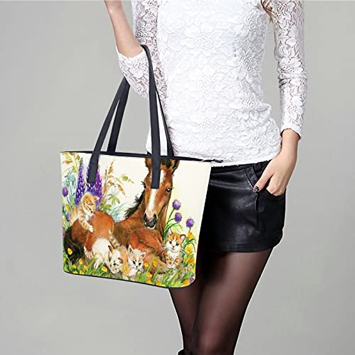 Womens Handbag White Horse Cat Leather Tote Bag Top Handle Satchel Bags For Lady