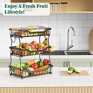 Giwil 3 Tier Countertop Fruit Basket for Kitchen, Vegetable Storage Basket Bread Fruit Bowl Stand with 2 Banana Hooks, Wall Mounted Metal Wire Basket Organizer for Potato Onion, Black
