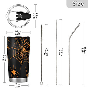 Yasala Halloween Tumbler Orange Spider Cobweb Insulated Coffee Cup Back to School Beverage Container Office Travel Mug with Straw and Lid 20oz Holiday Gift Day of The Dead Present