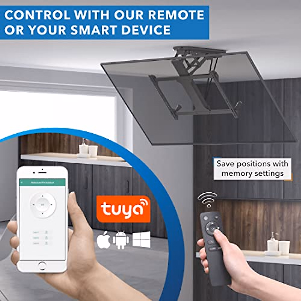 Mount-It! Electric Ceiling TV Mount with Remote and App Controller, Motorized Flip Down Pitched Roof Mount Fits 32 to 70 Inch Flat Screen TVs, Black