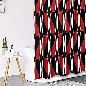 Red Black Geometric Shower Curtain Sets with Toilet Lid Cover and Non-Slip Rugs, Zigzag Chain Round Wave Simple 4 Pcs Shower Curtains for Bathroom, Modern Abstract Bathroom Decor