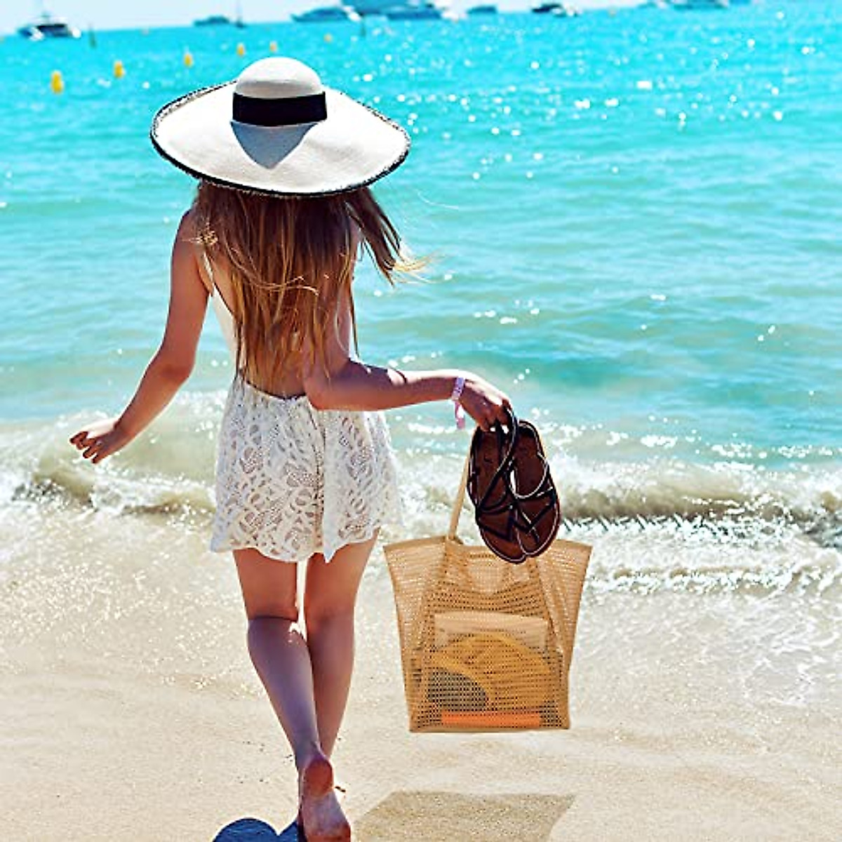 Felomdep Large Mesh Beach Tote Bag for Women，Shoulder Bag, Nylon Pool Bag, Hobo Bag for Beach Travel Shopping,Brown