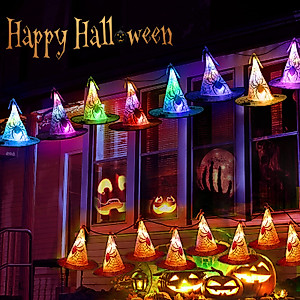 Lighted Hanging Witch Hats for Halloween Decorations, 8Pcs Color Changing 17FT 56 LED Light Up Witch Hats String Lights with Remote for Indoor Outdoor Party Yard Garden Tree Halloween Decor