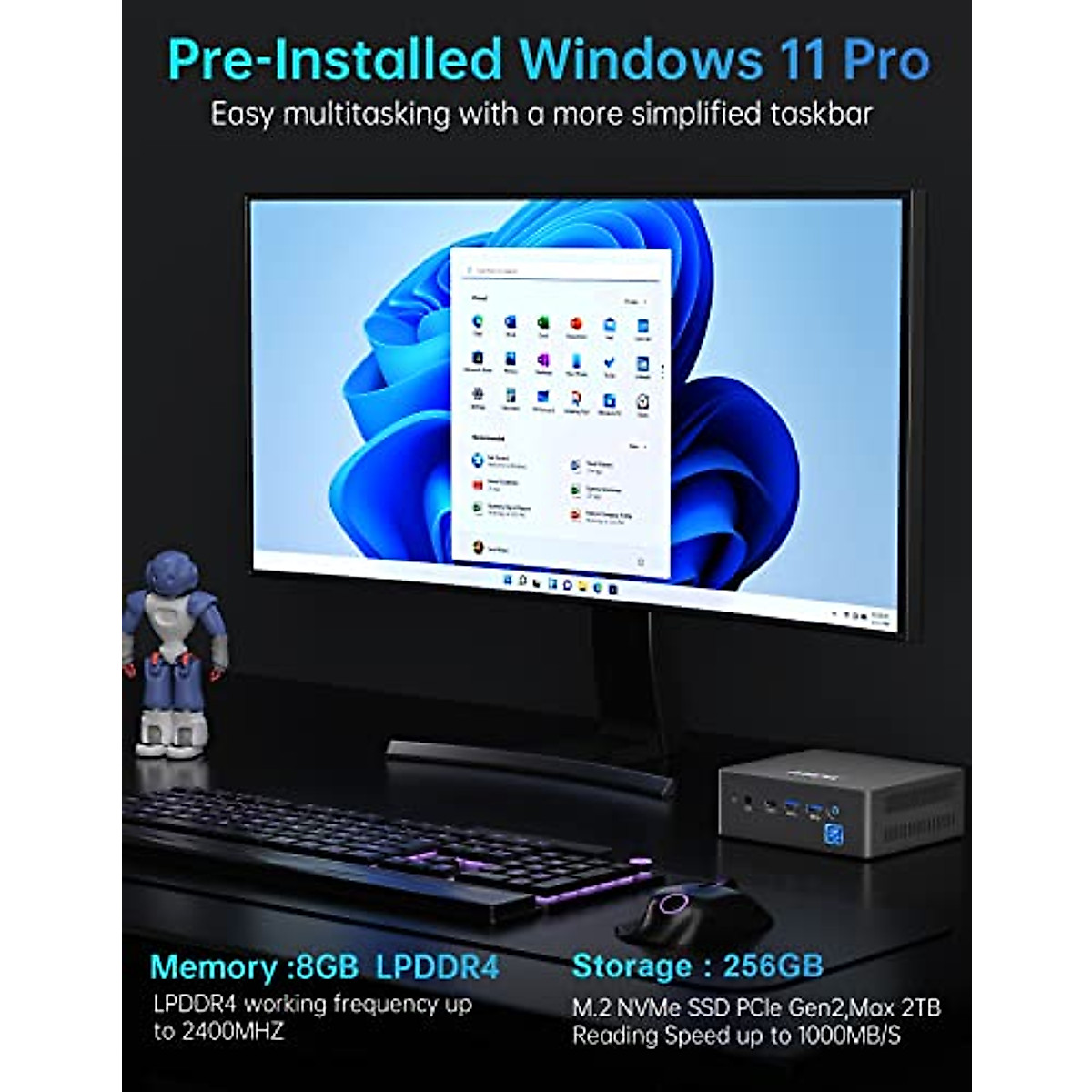 AWOW Mini PC Intel Celeron N4120 8GB RAM 256GB M.2 SSD, Mini Desktop Computer Support 4K UHD, Dual WiFi, HDMI, BT 4.2 for Business Home Office