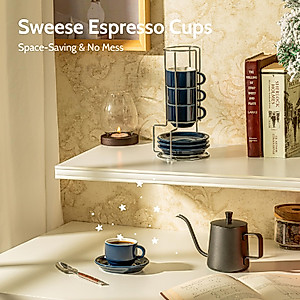 Sweese 4 Ounce Porcelain Stackable Espresso Cups with Saucers and Metal Stand Set of 4, Navy