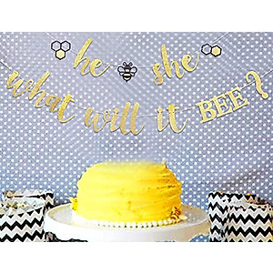 He She What Will It Bee - Golden Glitter Party Banner Decorations, Bee Gender Reveal Banner, Bee Theme Baby Shower, Baby Shower Shower Banner，golden Glitter Banner