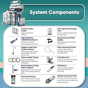 NU Aqua 6-Stage Alkaline Under Sink Reverse Osmosis Water Filter System - Booster Pump - 100 GPD RO Filtration w/Faucet & Tank - Remineralization - 100GPD Undersink - Home & Kitchen Drinking Purifier