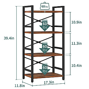 Yoobure 4 Tier Bookshelf - Small Book Shelf Industrial Bookcase, Narrow Book Case Book Storage Organizer for CD/Movie/Book, Bookshelves for Bedroom Office Living Room Berry Brown