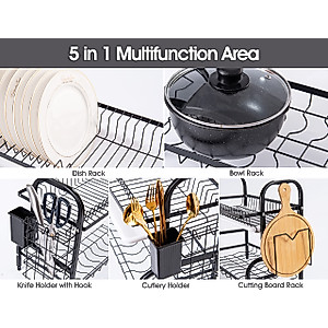 Supercenter Dish Drying Rack,2 Tier Dish Racks for Kitchen Counter with Drainboard,Rust-Resistant Drying Rack with Cutting Board Holder,Black