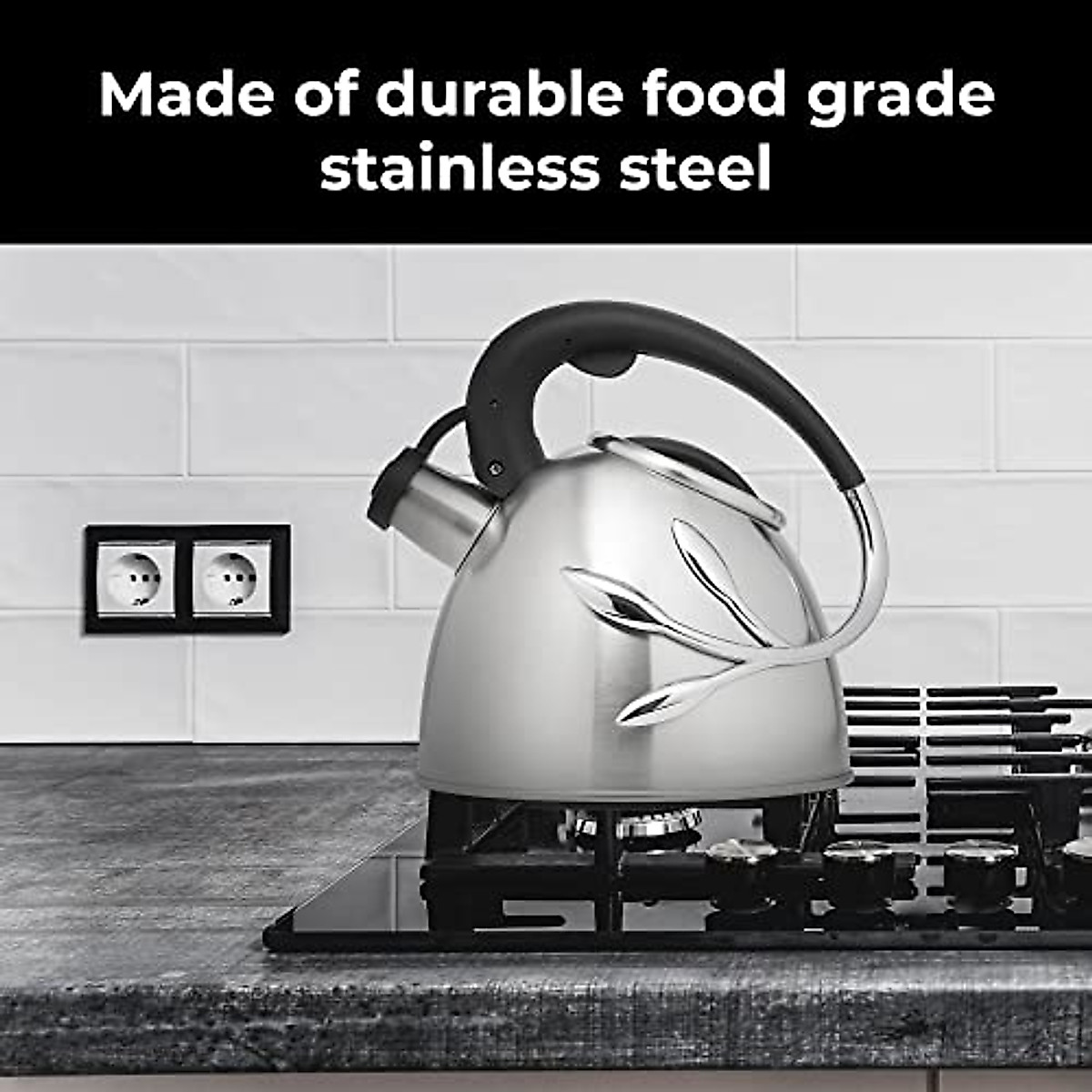 Everyday Solutions Whistling Tea Kettle; Vine Collection - Brushed Stainless Steel Kettle w/Ergonomic Heat Resistant Handle & Leaf Design - for Gas, Electric, or Convection Cooktop - 2 Quart Capacity