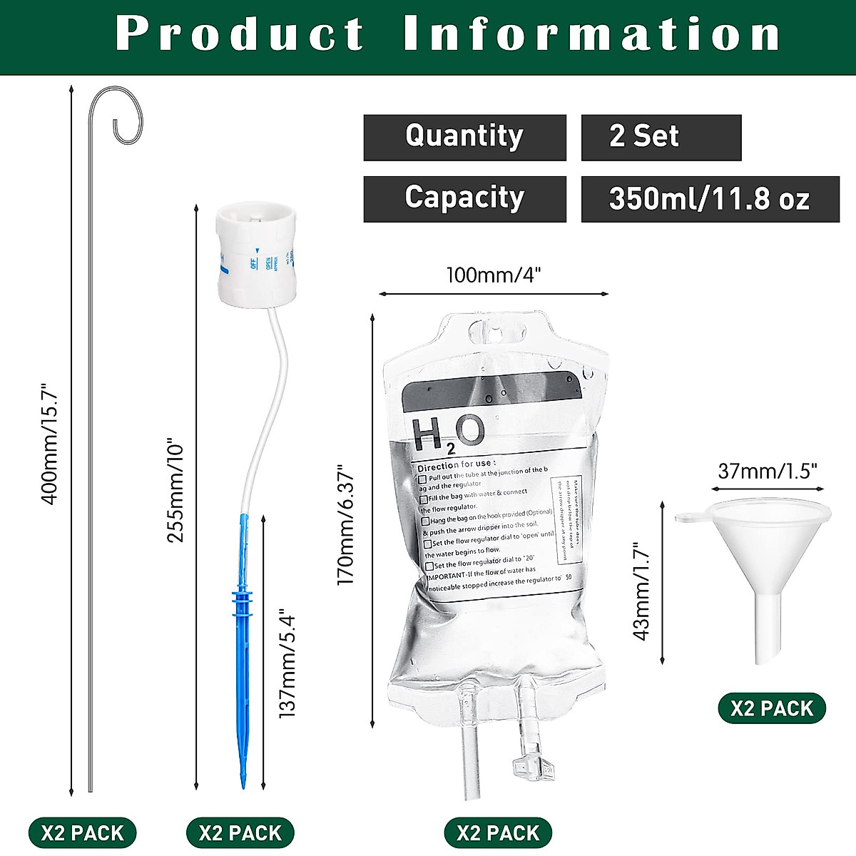2 Set Plant Water Bag Automatic Plant Watering System 350ml Irrigation Drip Bag with Metal Support Rod and Regulating Valve Self Watering Devices for Indoor Outdoor Plants Flowers