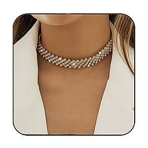 JEAIRTS Rhinestone Choker Necklace Multi-Row Crystal Chokers Sparkly Rhinestone Neck Chain Party Prom Necklaces Jewelry for Women (2-Gold)