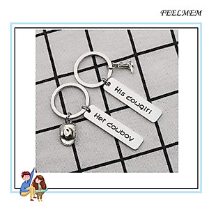 FEELMEM Western Texas Cowgirl Cowboy Hat Boot Keychain Set Her Cowboy His Cowgirl Couple Keychains Matching Set Valentines Day Boyfriend Gift Girlfriend Gift (Silver)