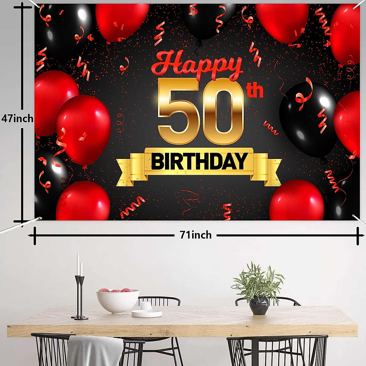 Happy 50th Birthday Red Black Decorations Banner Backdrop Background Balloons Cheers to 50 Years Old Bady Theme Decor for Girls Boys Happy 50 Birthday Party Photo Booth Props Favors Supplies