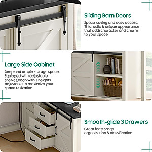 Executive L Shaped Office Desk with Drawers, Farmhouse Corner Desk for Home Office with Storage Cabinet, Computer Desk with Charging Station, Reversible Study Writing Table Workstation, White