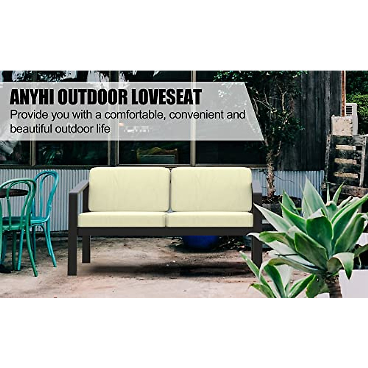 ANYHI Aluminum Outdoor Patio Loveseat, 2 Seats Patio Sofa Furniture with 4 inch Waterproof Cushion, Good for Garden,Porch,Courtyard,Black and Beige