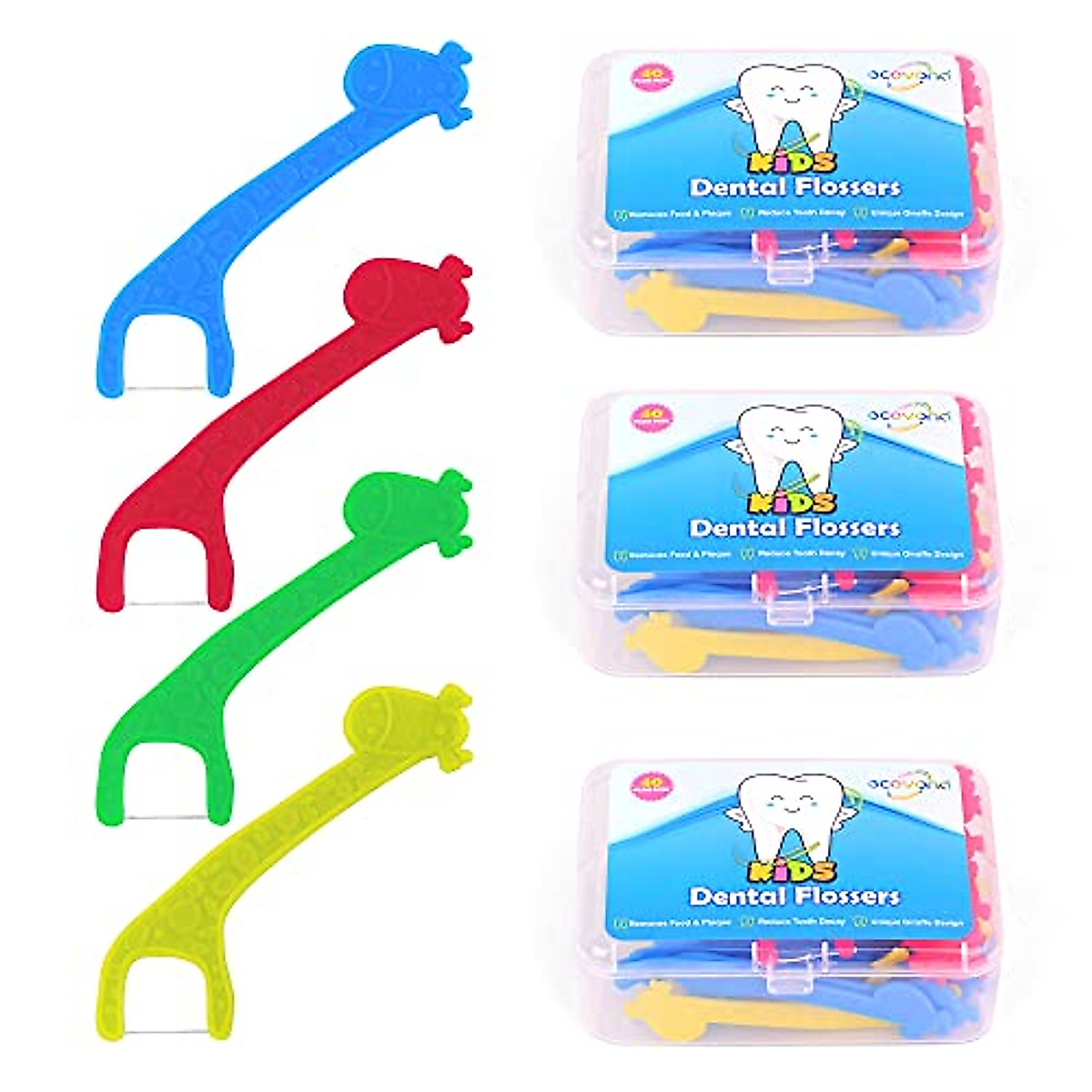 Ecovona - Tooth Floss Picks for Kids - 3 Pack (120 Count) - Toddler & Kid Safe Dental Floss Picks for The Whole Family - Advanced Design to Help Teach Dental & Oral Hygiene & Prevent Tooth Decay