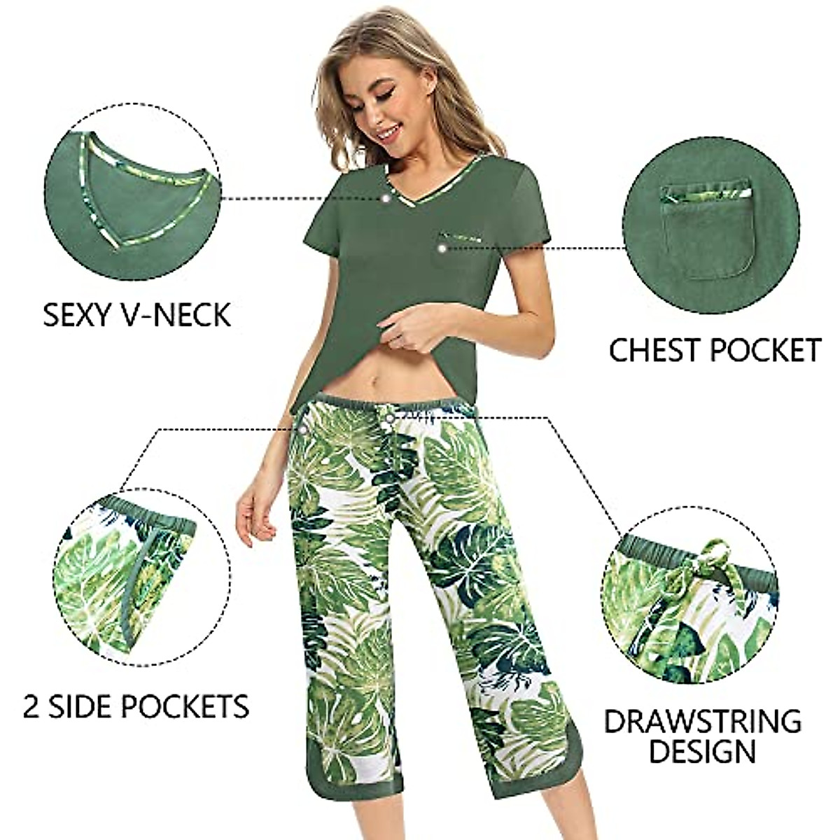 IZZY + TOBY Womens Capri Pajama Set Summer Pajamas for Women Short Sleeve Top with Capri Pants Sleepwear Cotton Pjs Sets Ladies Pajamas Sets Print Capri Pajama Sets Lounge Set Dark Green Leaf M