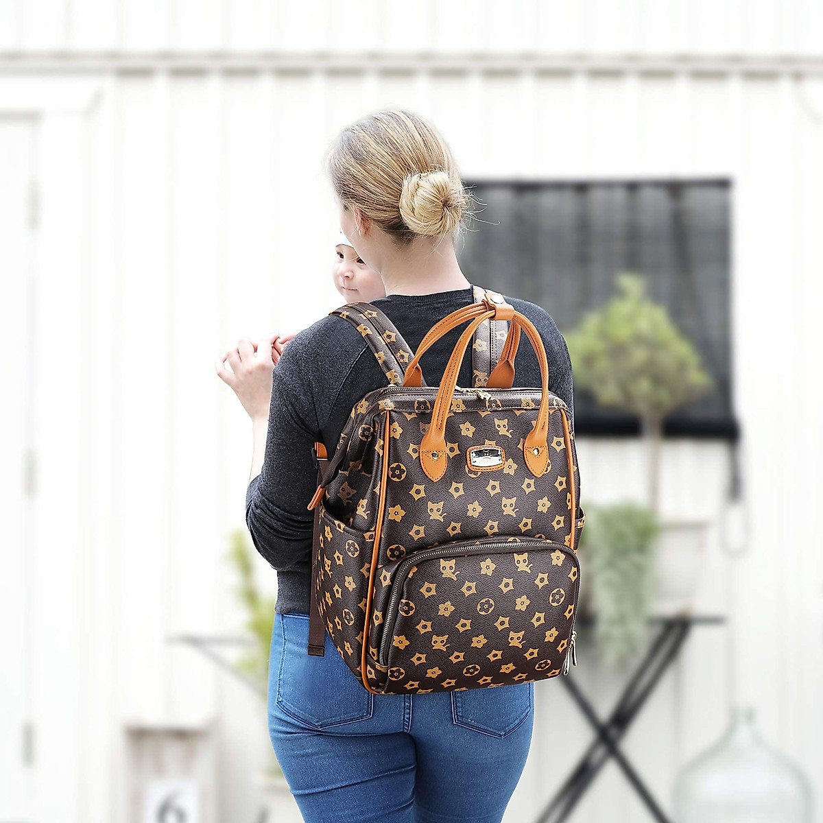 Hafmall Diaper Bag Backpack, Leather Baby Bag for Mom and Dad, Mini Diaper Backpack with Changing Pad and Stroller Hooks, Stylish Mommy Bag for Travel, Baby Registry Search, Brown