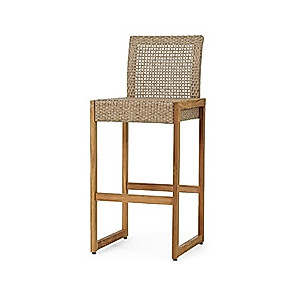 Elon Outdoor Barstools - Wicker and Acacia Wood - Light Multi-Brown/Teak (Set of 2)