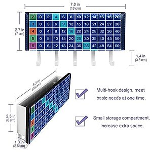 Multiplication Table Mail Holder Organizer and Key Hooks PU Front, Self Adhesive Key Rack with 5 Hooks Perfect for Entryway, Hallway，Bathroom ，Kitchen