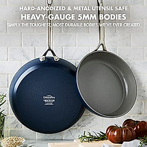 GreenPan GP5 Hard Anodized Healthy Ceramic Nonstick 9.5” & 11” 2 Piece Frying Pan Skillet Set,Heavy Gauge Scratch Resistant,Stay-Flat Surface, Induction, Mirror Finish Handle,Oven Safe,PFAS-Free, Blue