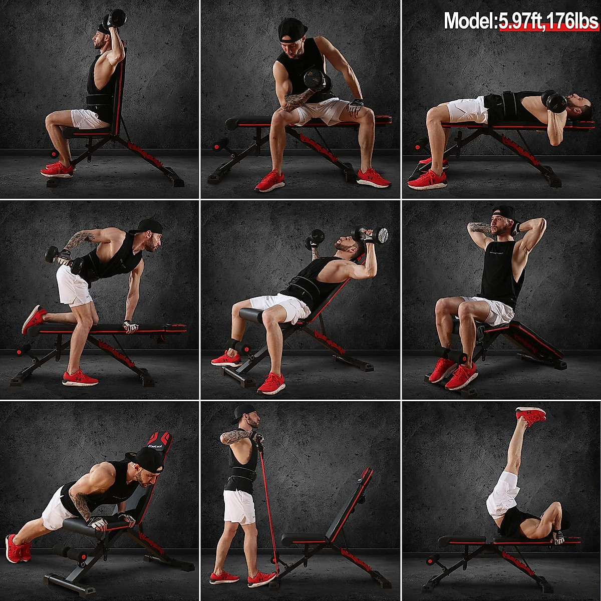 Elseluck Weight Bench, Adjustable Workout Bench for Home Gym, Foldable Strength Training Bench Press for Full Body with Resistance Rope