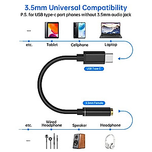Yinker USB C to 3.5mm Female Headphone Jack Adapter【1 Pack】,Type C to Aux Audio Dongle Cable Cord