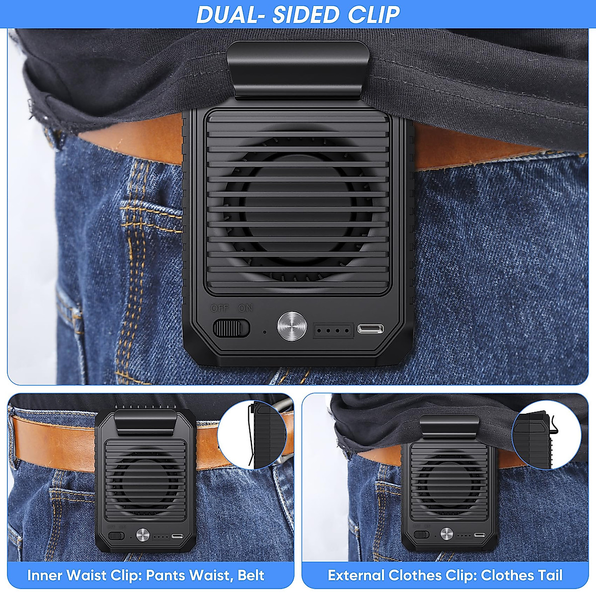 Portable Waist Clip Fan, 10000mAh Battery Powered Hands-free Cooling Body Fan with Max 24H Working Time & 3 Speeds 6500RPM Strong Airflow, Wearable Belt Personal Fan for Outdoor