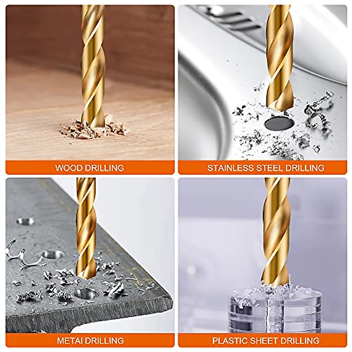 Luckyway 14-Piece Titanium Twist Drill Bit Set, 1/16"-1/4" HSS 4341 for Wood Plastic Aluminum Alloy Drilling