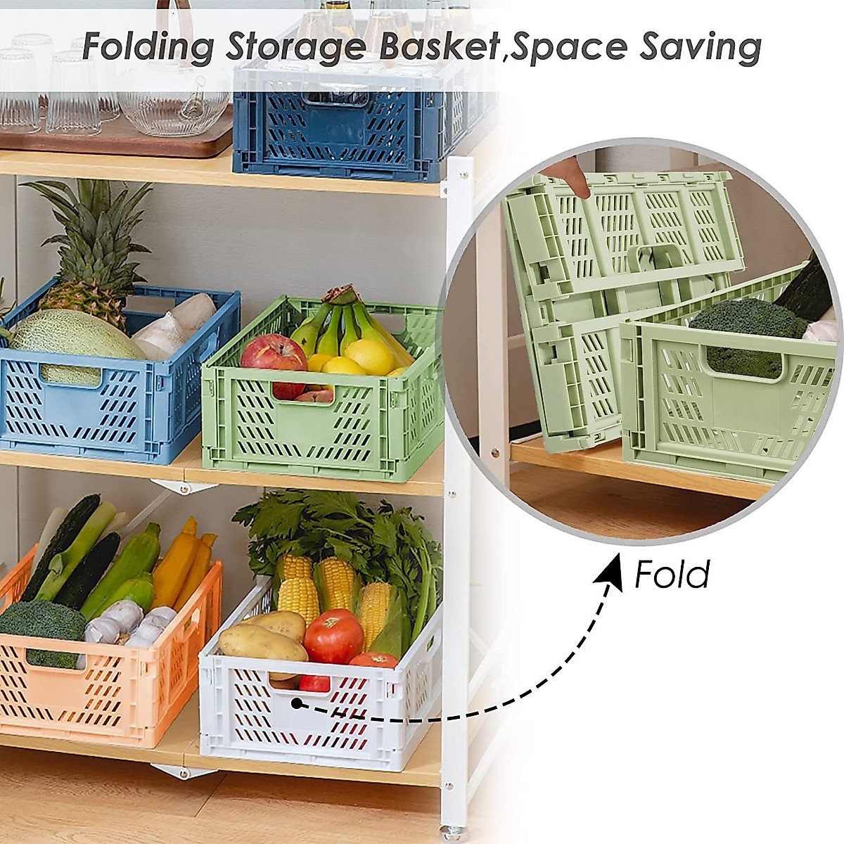 Phyllia 4 Pack Plastic Storage Baskets, Pantry Organizer Basket Bins with Handles, Foldable Storage Baskets for Organizing Shelves Closet Home Kitchen Bathroom Office (Green, 13.3"x10.2"x5.1")