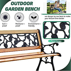 YIQIEDEY Outdoor Garden Bench Park Bench Porch Bench Chair w/Cast Iron & Hardwood Structure, 50" Metal Patio Furniture Weather Proof Loveseat for Backyard Deck Lawn Poolside