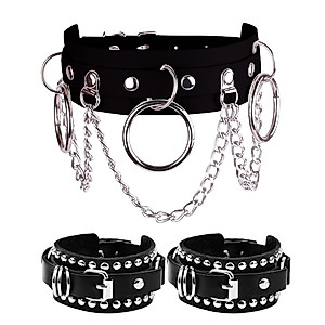 Tosmifairy 3pcs Ring Choker and Bracelets Set Goth Jewelry for Women Ladies Black Leather Collar Cuff Cosplay Accessories Costume