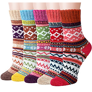 Loritta 5 Pairs Womens Vintage Style Winter Warm Thick Knit Wool Cozy Crew Socks,Free size,Multicolor