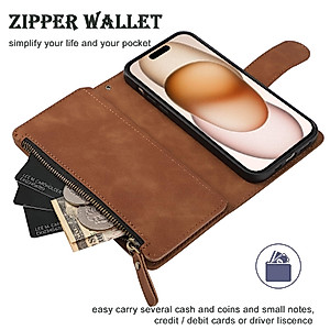 RANYOK Wallet Case for iPhone 15 (6.1 inch) with RFID Blocking Credit Card Holder, Premium PU Leather [Zipper Pocket] Flip Folio Case Wallet with Wrist Strap Kickstand Protective Case (Brown)