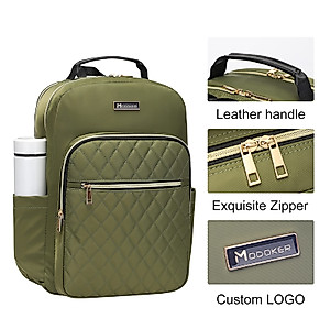 Modoker 15.6 Inch Laptop Backpack for Women, Quilted Work Backpack for Women Bookbag Teacher Backpack, Travel Backpack with USB Charging Port, Backpack Purse for Women Nurse, Green