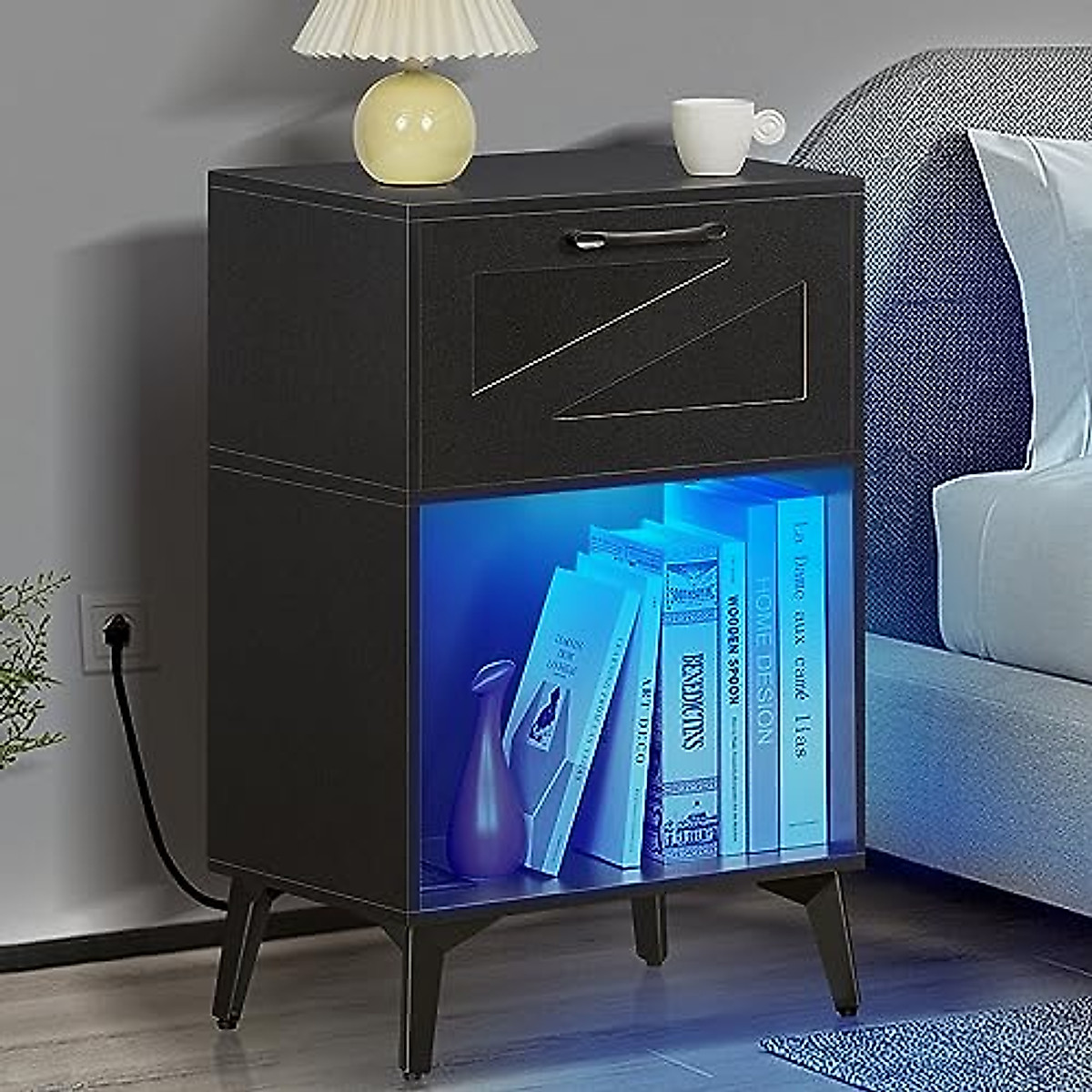Lerliuo Nightstand with Charging Station and Led Lights, Night Stand with USB Ports and Outlets, Modern Bedside Table with Drawer and Storage Shelf, Black Smart Side Tables for Bedroom