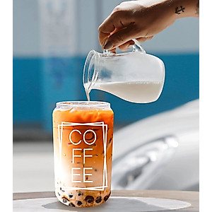 BFTETYU 16oz Iced Coffee Cup with Bamboo Lids and Straw, Beer Can Shaped Glass Mason Jar Cups, Coffee Glass Can Shaped Drinking Glasse, Cute Glass Cup for Boba, Water, Smoothie, Tea