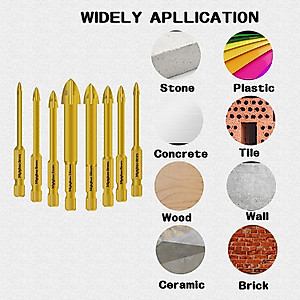 Mgtgbao 8PC Golden Concrete Drill Bit Set, Masonry Drill Bits Set Carbide Tip for Glass, Brick, Tile, Concrete, Plastic and Wood（3mm-12mm）