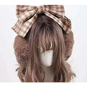 Cute Bow Winter Warm Earmuffs Headband Furry Plush Ear Covers for Halloween Outdoor Cold Weather (Brown) One Size