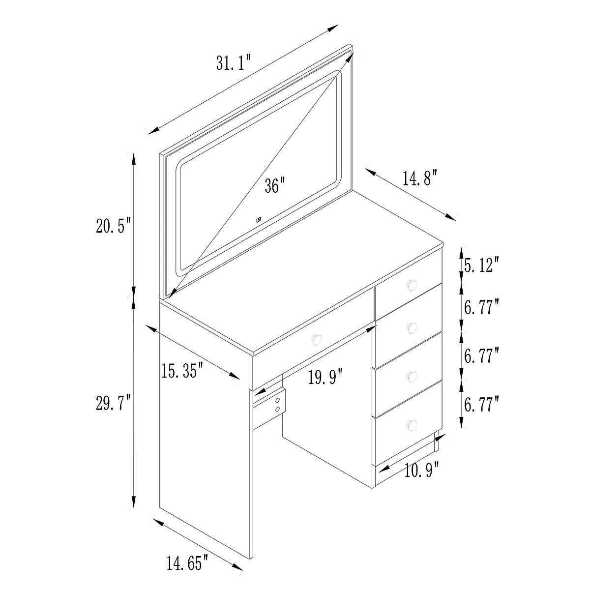 Makeup Vanity with Large Lighted Mirror, Vanity Desk with 5 Drawers Vanity Set with Power Outlet 3 Color Lighting Modes Dressing Table for Women Girls (White)