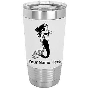 LaserGram 20oz Vacuum Insulated Tumbler Mug, Mermaid, Personalized Engraving Included (Faux Leather, White)